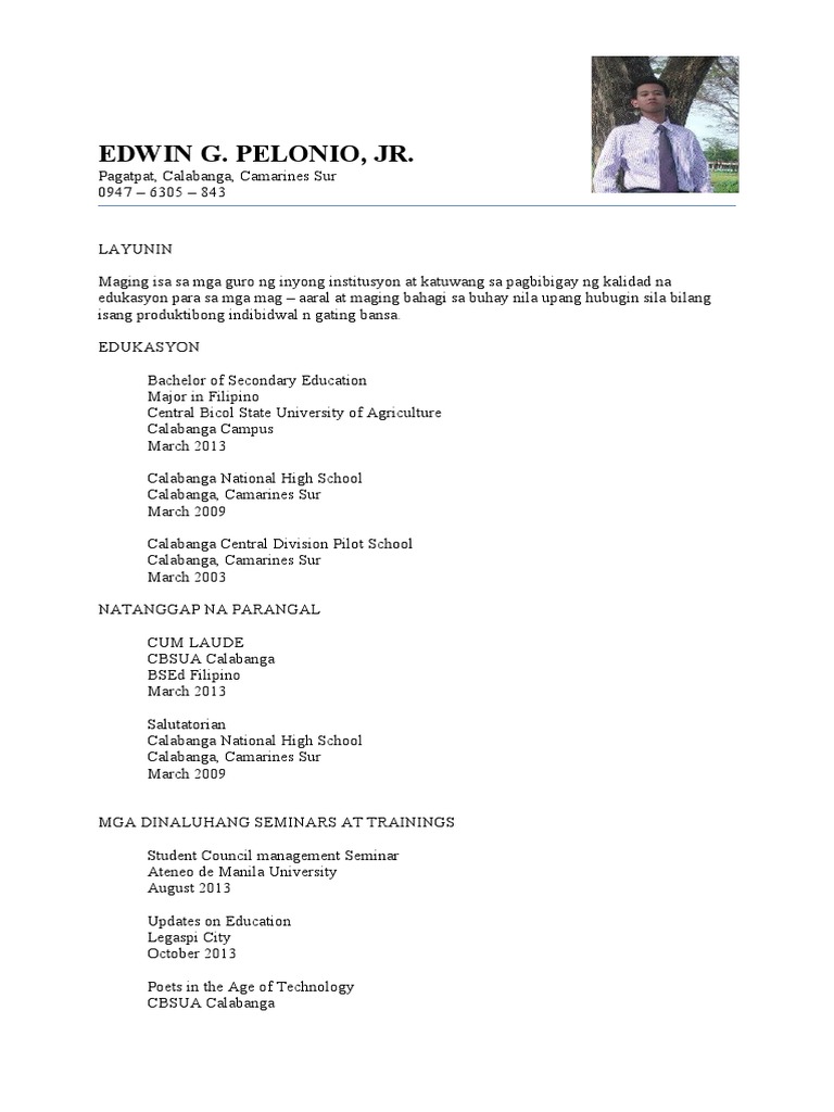 Resume Tagalog by Ed Pelonio JR | PDF