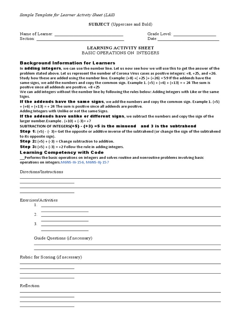 Sample Template For Learner Activity Sheet (LAS) - English) | PDF ...