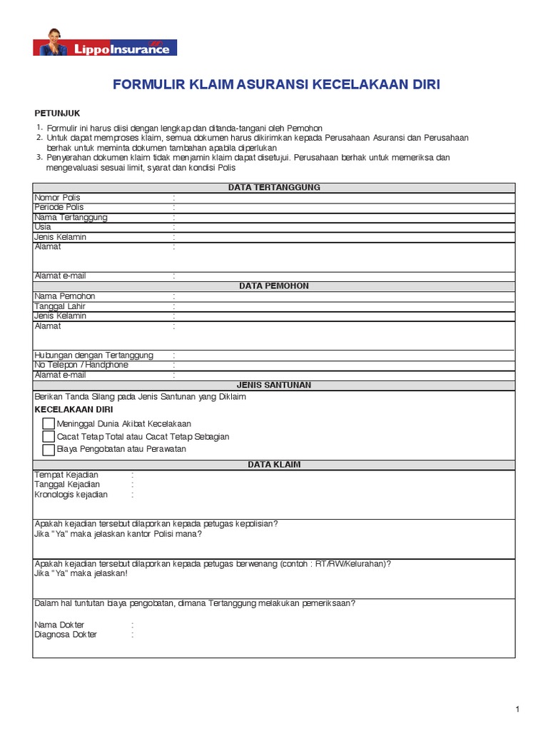 Formulir Klaim Asuransi Kecelakaan Diri | PDF