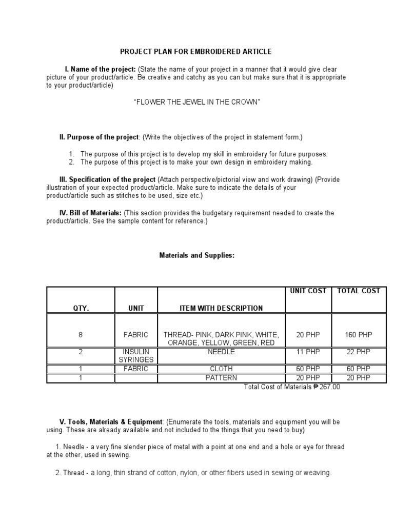 Project Plan For Embroidered Article | PDF | Sewing | Textiles