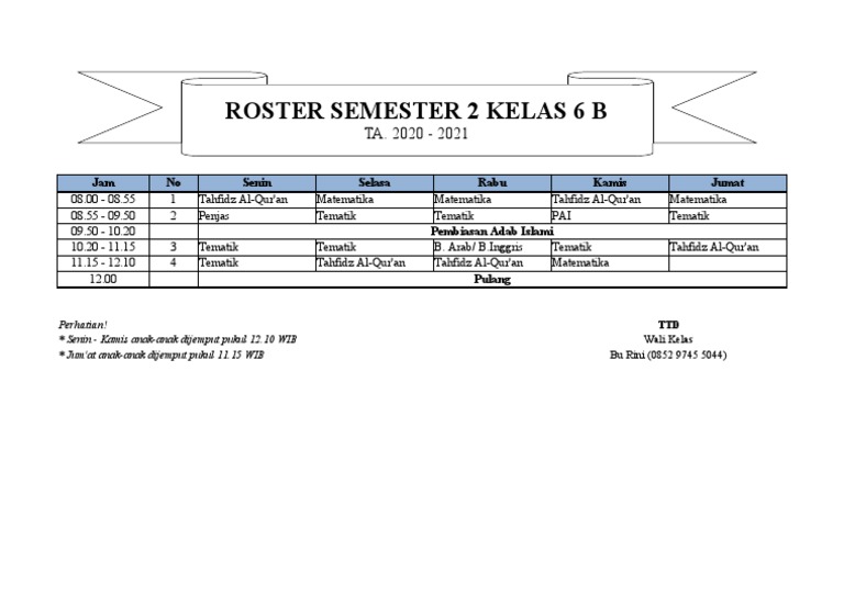 Contoh Roster Sekolah Anak | PDF