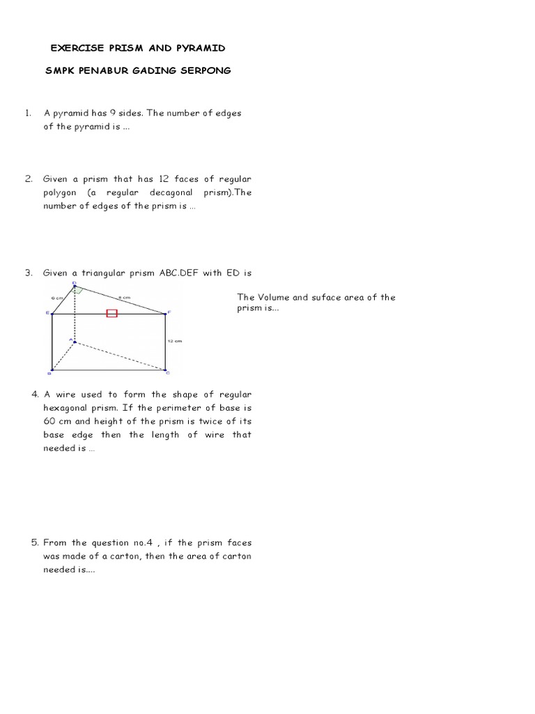 Prism and Pyramid Exercises | PDF | Geometry | Convex Geometry