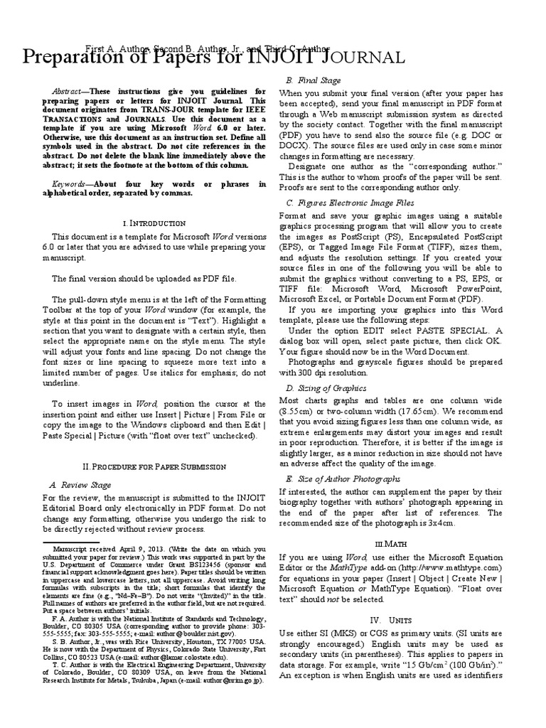 Preparation of Papers for INJOIT JOURNAL | PDF | Bracket | Note (Typography)