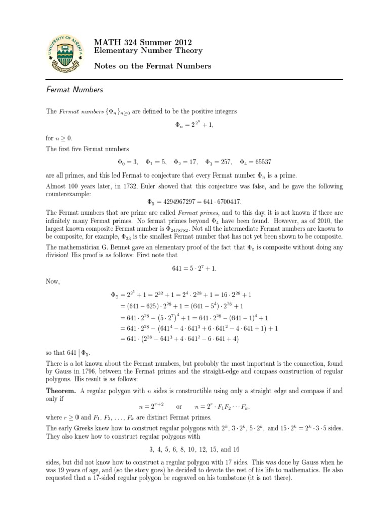 Fermat Numbers Math 324 Summer 2012 Elementary Number Theory Notes On