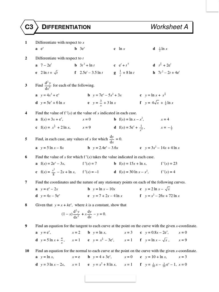 C3 Differentiation A - Questions | PDF | Algebraic Geometry ...