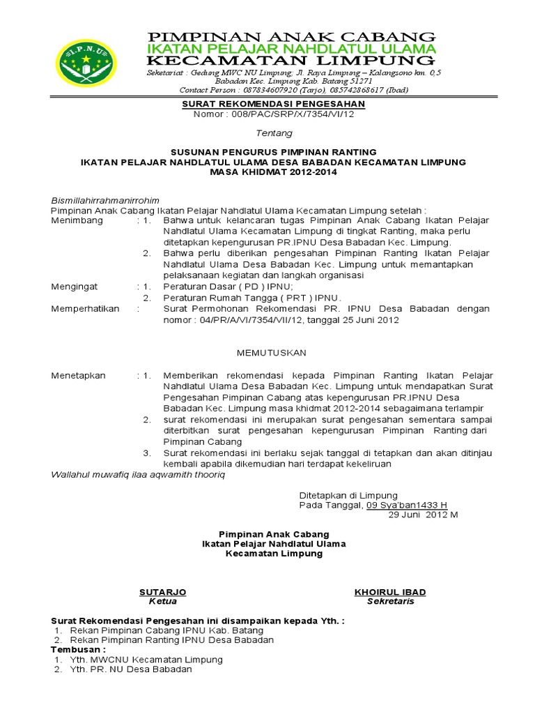 Contoh Surat Rekomendasi Pengesahan Ippnu | PDF Contoh Surat Rekomendasi Pengesahan Ippnu | PDF