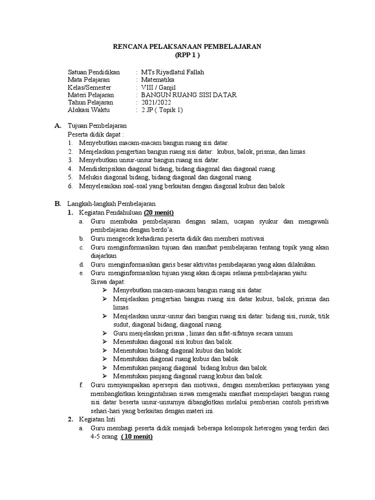 RPP Klas 8 Bangun Ruang Sisi Datar | PDF