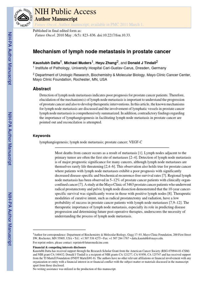 Mechanism of Lymph Node Metastasis in Prostate Cancer | PDF ...