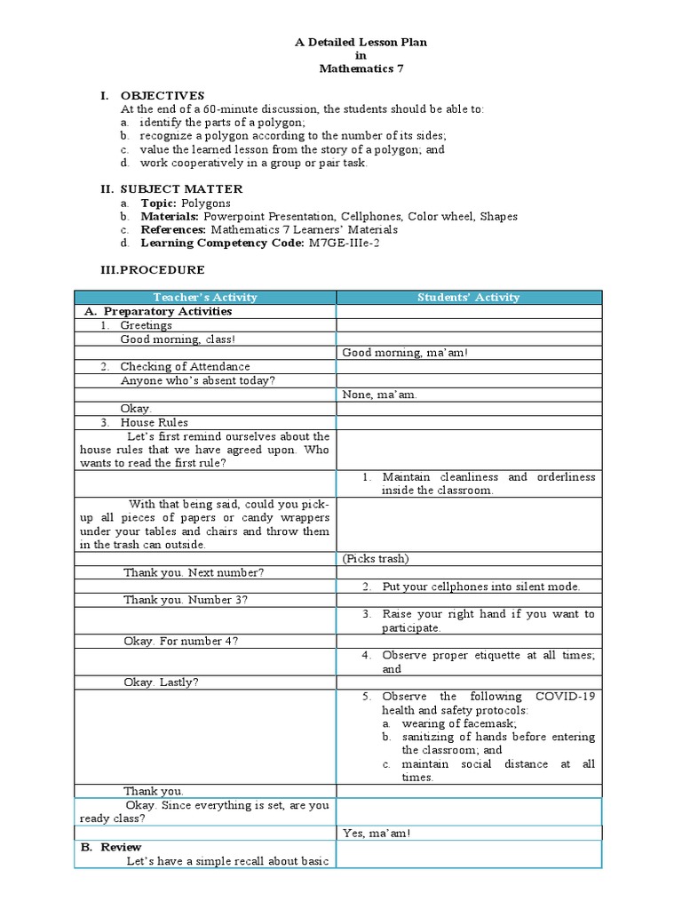 A Detailed Lesson Plan in Mathematics 7 I. Objectives: Teacher's ...