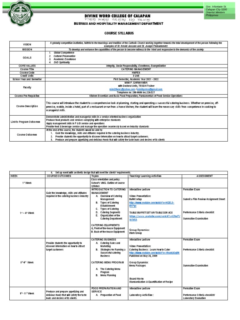 Catering Management Course Syllabus | PDF | Foods | Test (Assessment)
