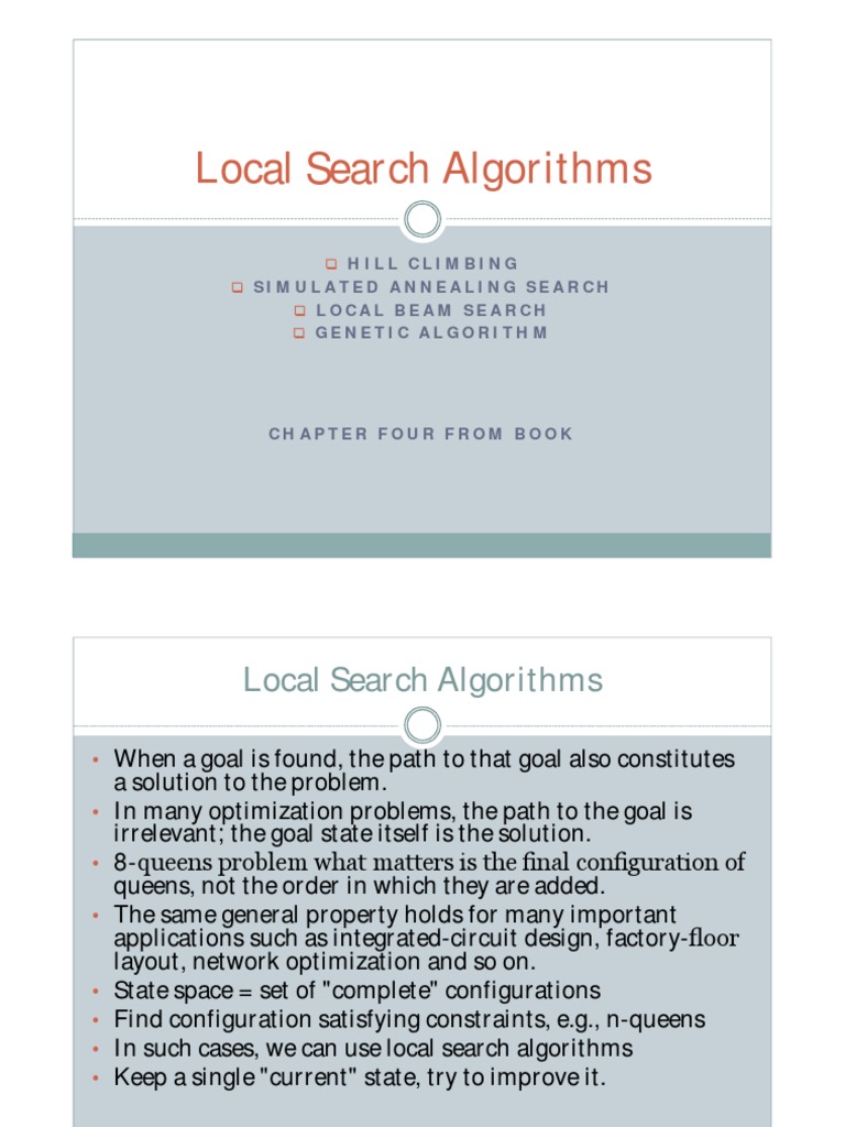 Local Search Algorithms: Hill Climbing Simulated Annealing Search Local Beam Search Genetic ...