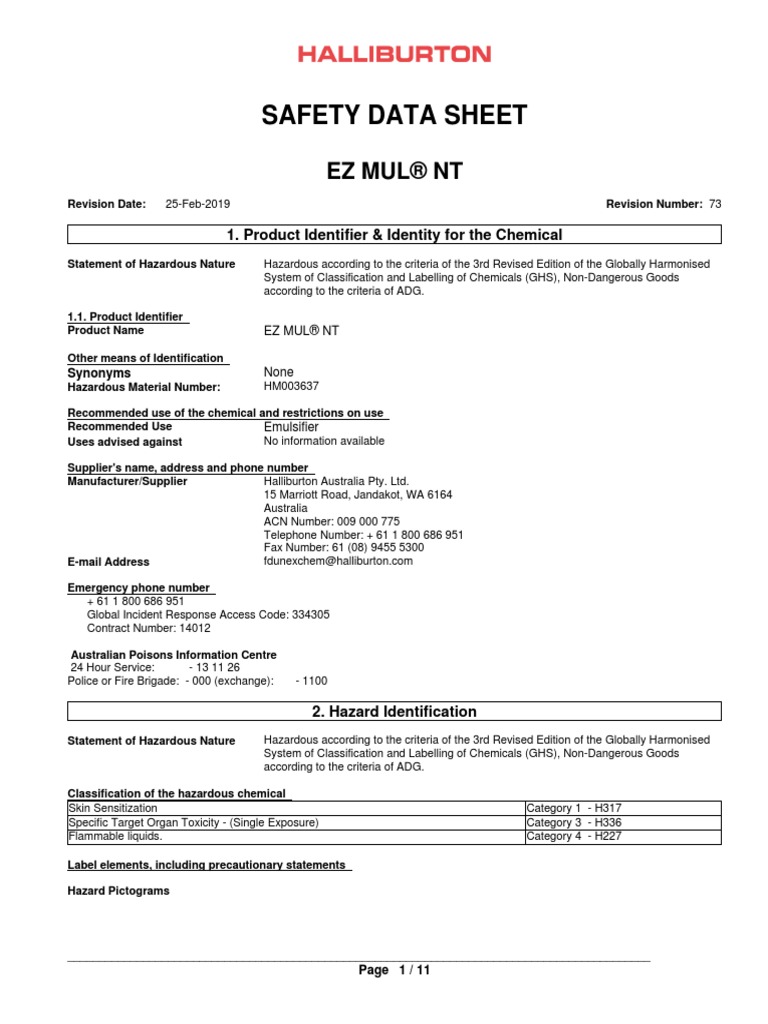Ez Mul NT MSDS | PDF | Personal Protective Equipment | Dangerous Goods