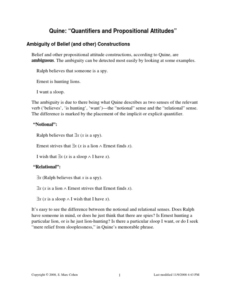 Quine: "Quantifiers and Propositional Attitudes": Ambiguity of Belief ...