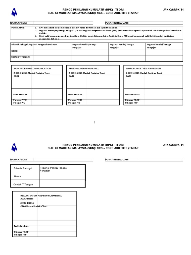 Rekod Penilaian Kumulatif (RPK) - Teori Sijil Kemahiran Malaysia (SKM) : Ncs - Core Abilities ...