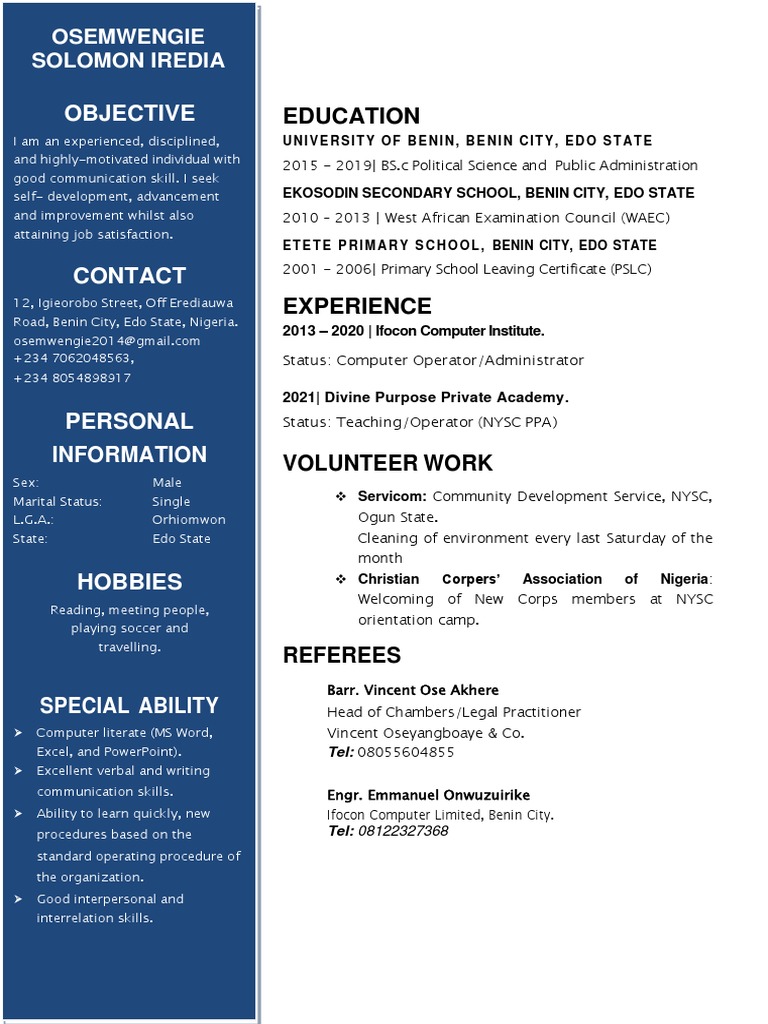 Osemwengie Solomon Iredia CV | PDF | Cognition