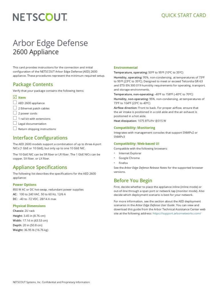 NETSCOUT Arbor Edge Defense 2600 Appliance Quick Start Card | PDF ...
