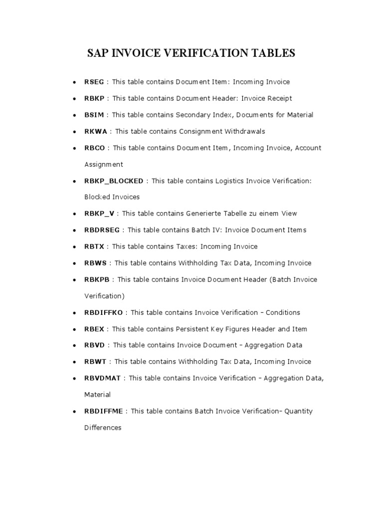 SAP Invoice Verification Tables | PDF | Invoice | Receipt