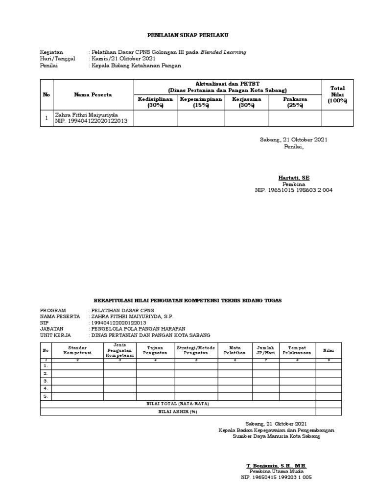 Form Penilaian Sikap Perilaku & PKTBT | PDF