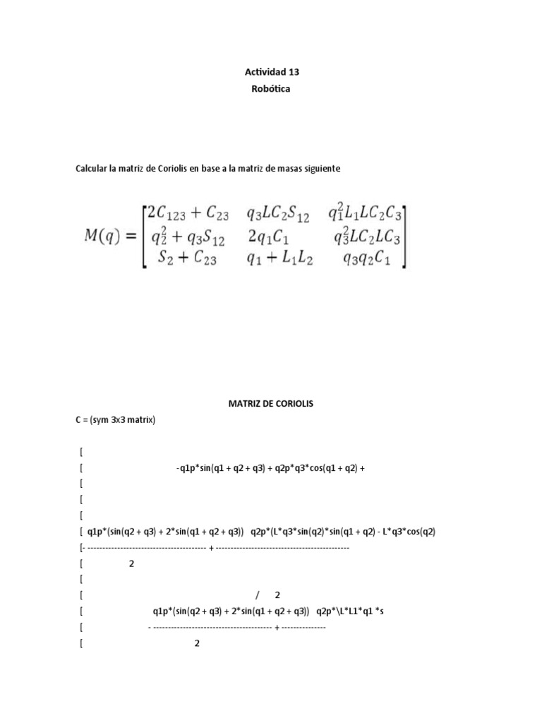Cálculo de Matriz de Coriolis en Robótica | PDF