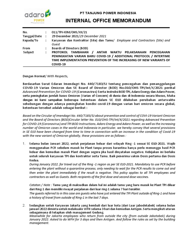 011-TPI-IOM-OHS-XII-2021 - Internal Office Memo Aturan Tambahan | PDF