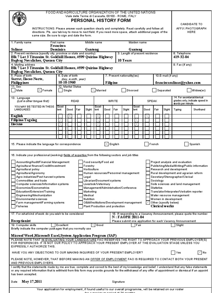 FAO Personal History Form Template | PDF | Employment | Bachelor's Degree
