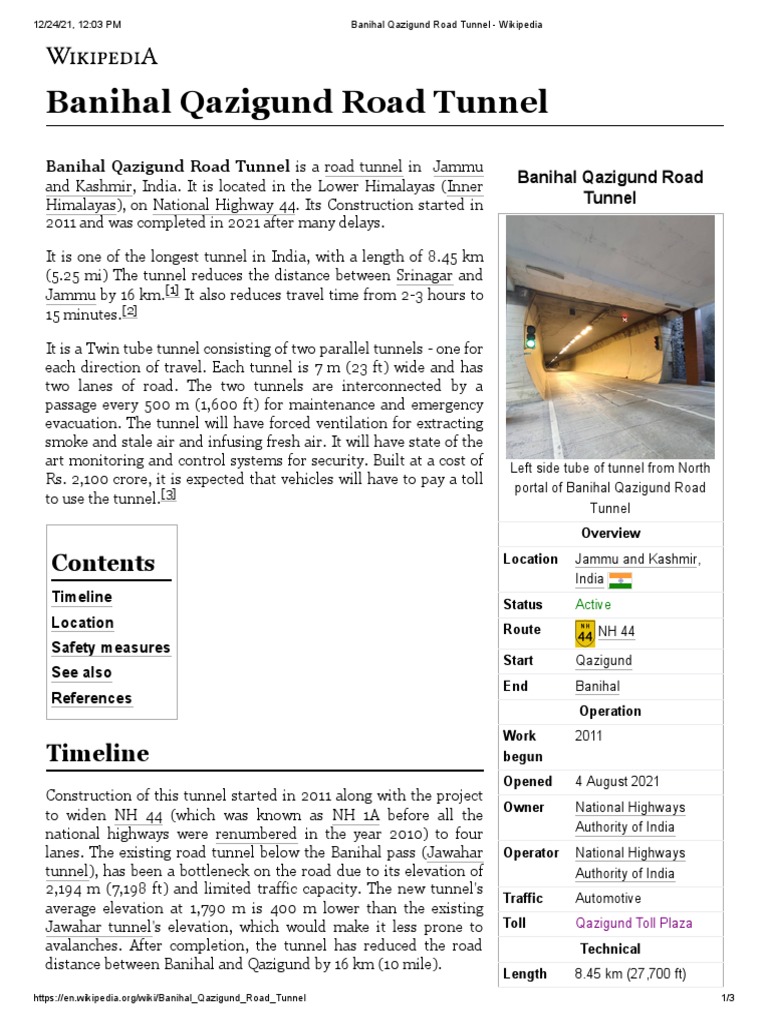 Banihal Qazigund Road Tunnel - Wikipedia | PDF | Infrastructure | Road