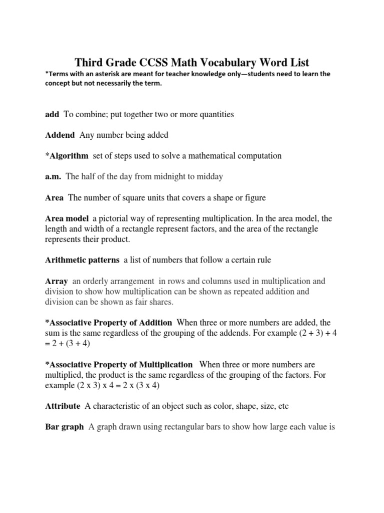 3rd Grade CCSS Math Vocabulary Word List | PDF | Shape | Numbers