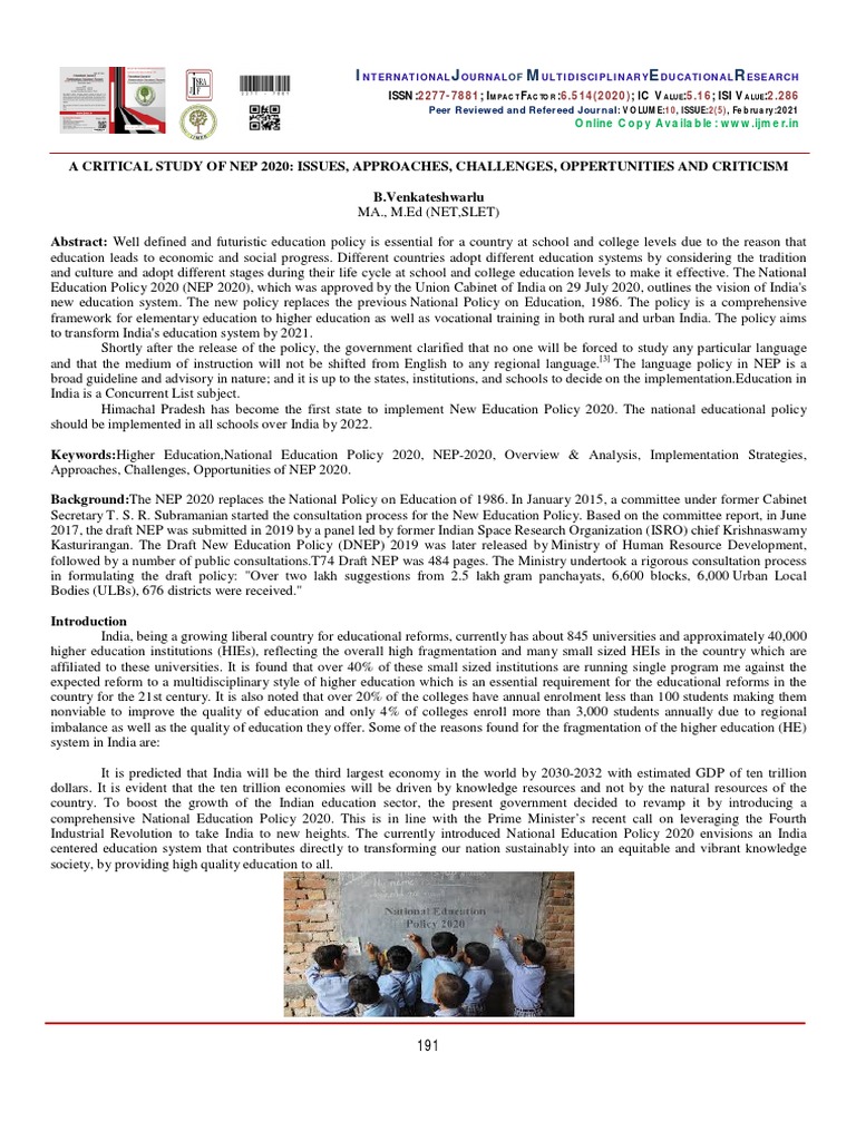 2021 Paper NEP 2020 Study and Analysis | PDF