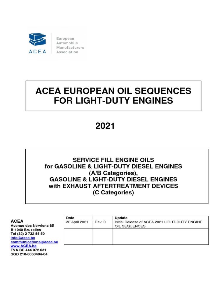 Acea European Oil Sequences 2021 | PDF | Motor Oil | Diesel Engine