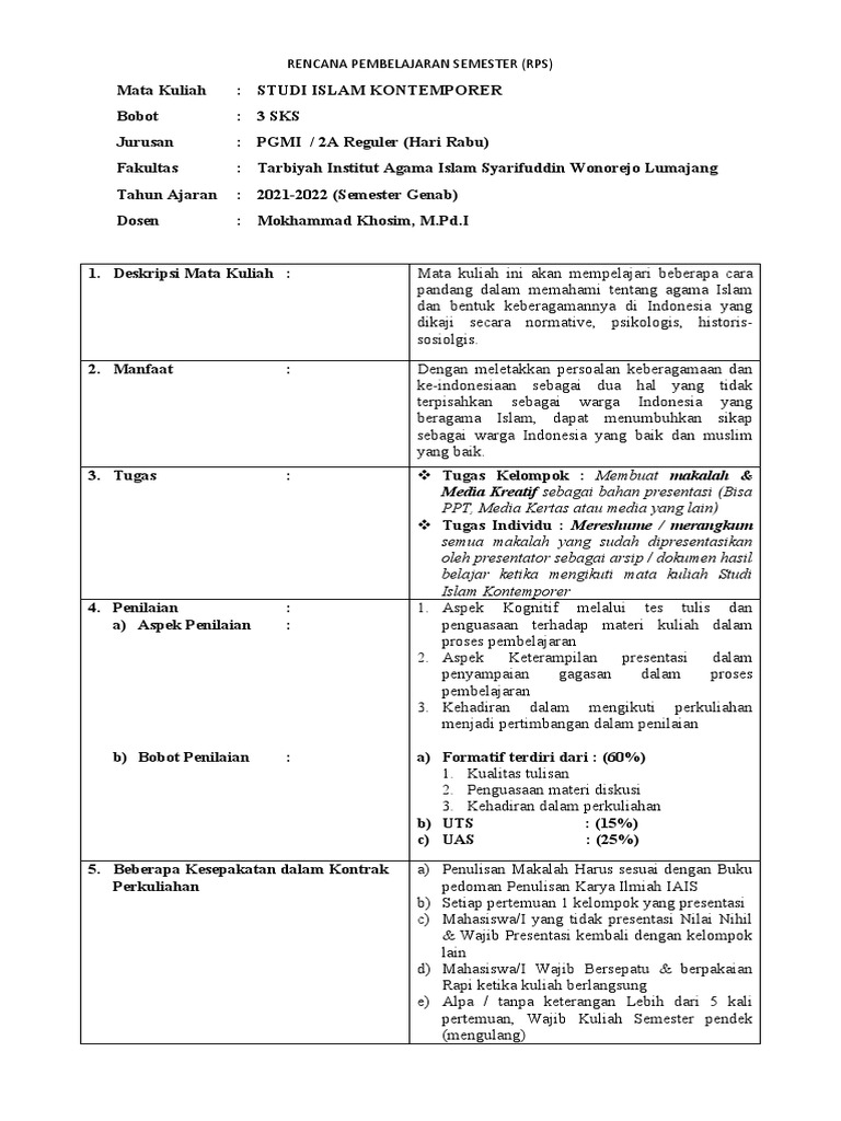 RPS Studi Islam Kontemporer PAI 2C Hari Rabu | PDF