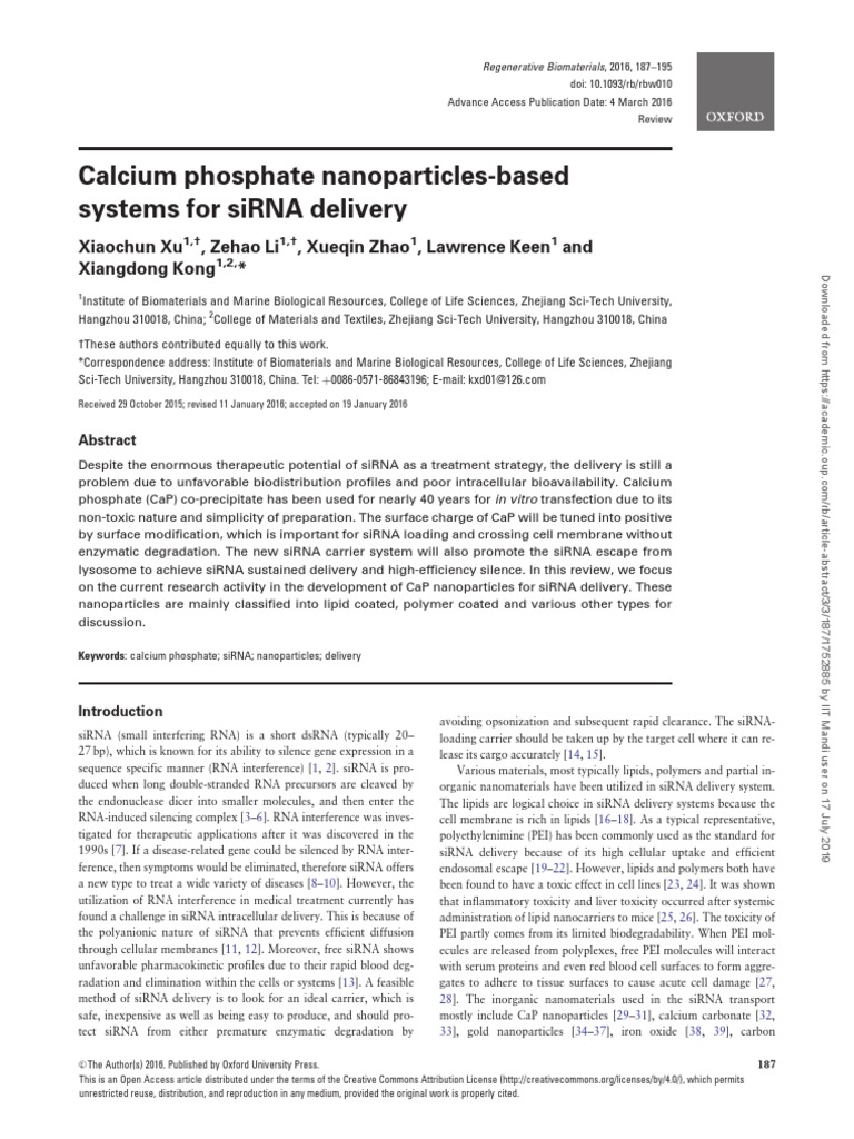 Calcium Phosphate Nanoparticles-Based Systems For siRNA Delivery | PDF | Small Interfering Rna ...