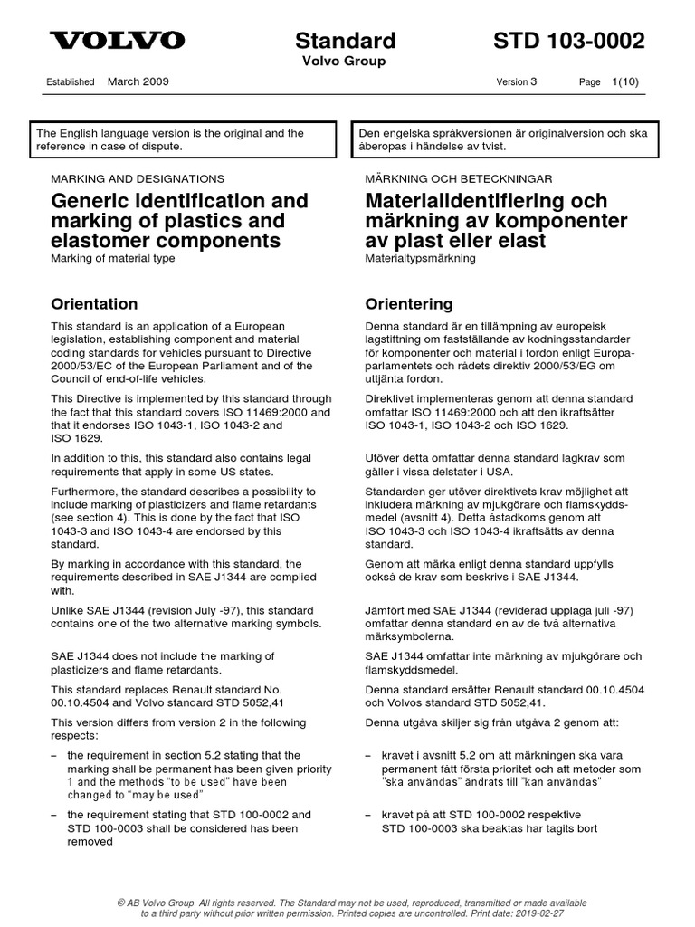 Volvo STD 103-0002 | PDF