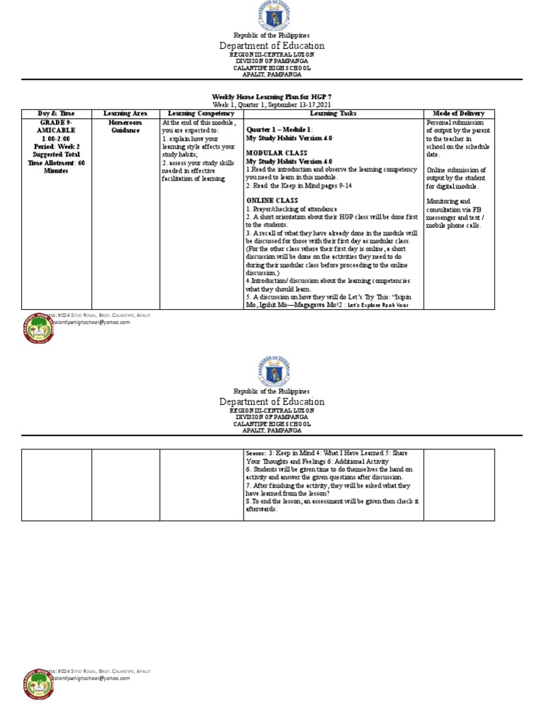Weekly Home Learning Plan For HGP 9 | Download Free PDF | Learning ...