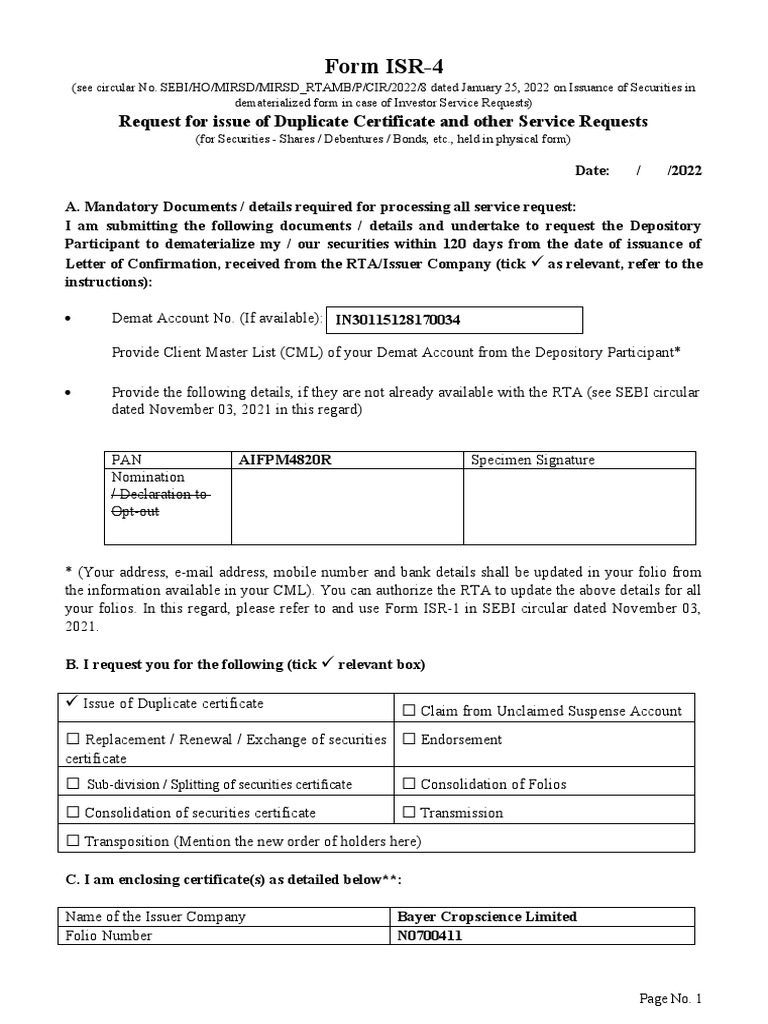 Form ISR-4: Request For Issue of Duplicate Certificate and Other ...