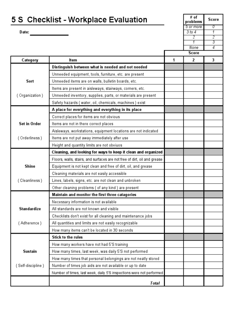 5S Supplies Evaluation Checklist | PDF | Aisle | Desk
