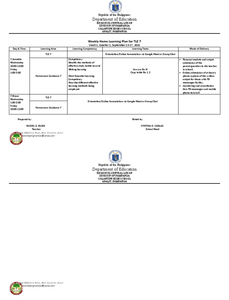 Weekly Home Learning Plan For Tle 7 Pdf