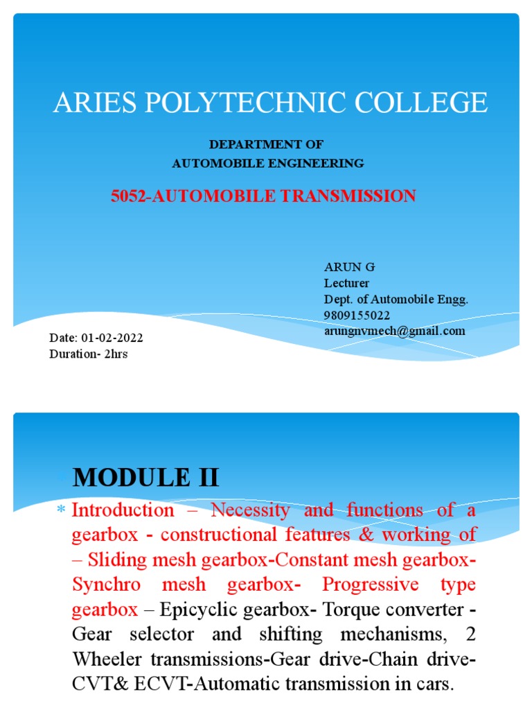 Aries Polytechnic College: 5052-Automobile Transmission | PDF ...