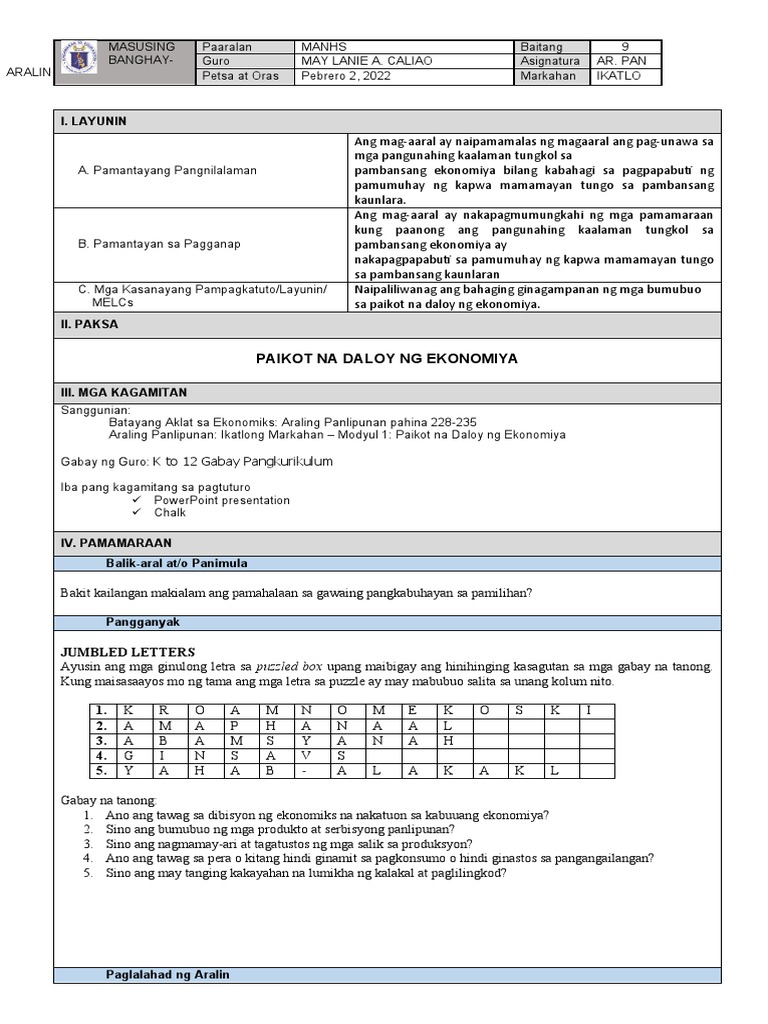 ARPAN9 - 3rd Quarter Lesson Plan | PDF