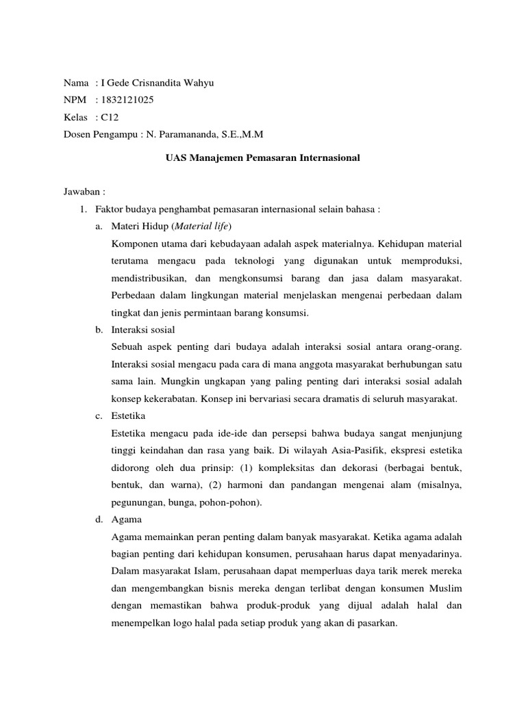 UAS Manajemen Pemasaran Internasional CRISNANDITA | PDF