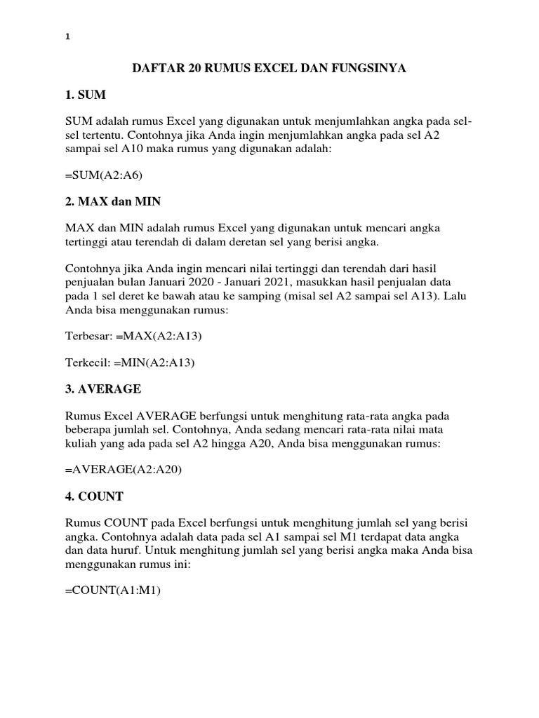 Daftar 20 Rumus Excel Dan Fungsinya | PDF