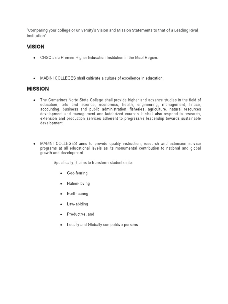 CNSC and Mabini Colleges Mission Comparison | PDF | Career & Growth ...