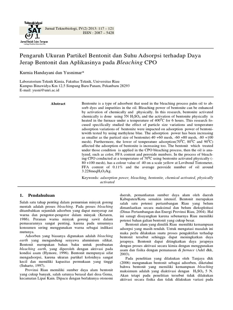 Pengaruh Ukuran Partikel Bentonit Dan Suhu Adsorpsi Terhadap Daya Jerap ...