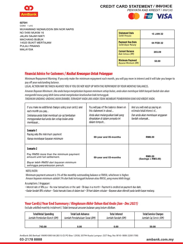 AmBank Credit Card Statement Overview | PDF | Credit Card | Automated Teller Machine
