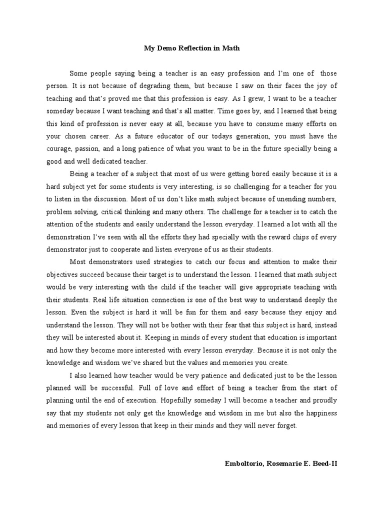 My Demo Reflection in Math | PDF | Teachers | Cognition
