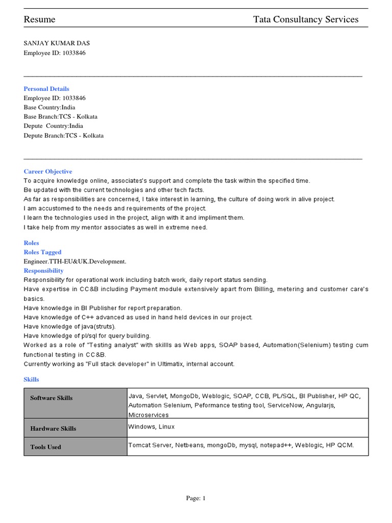 Resume Tata Consultancy Services | Download Free PDF | Cloud Computing ...