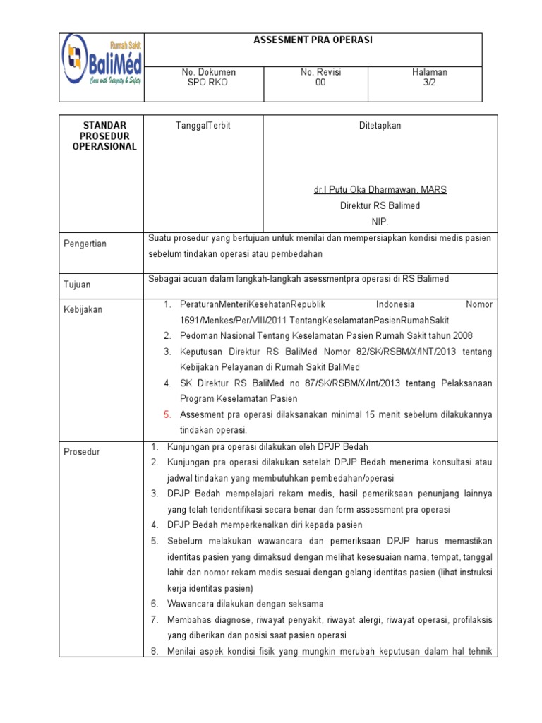 Spo Assesment Pra Operasi | PDF