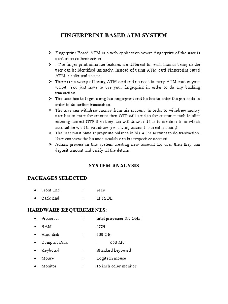 Fingerprint Based Atm System: System Analysis Packages Selected | PDF