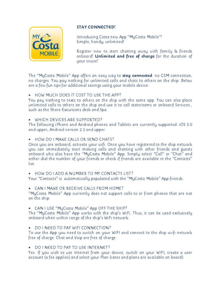 Stay connected on your Costa cruise with the MyCosta Mobile app | PDF
