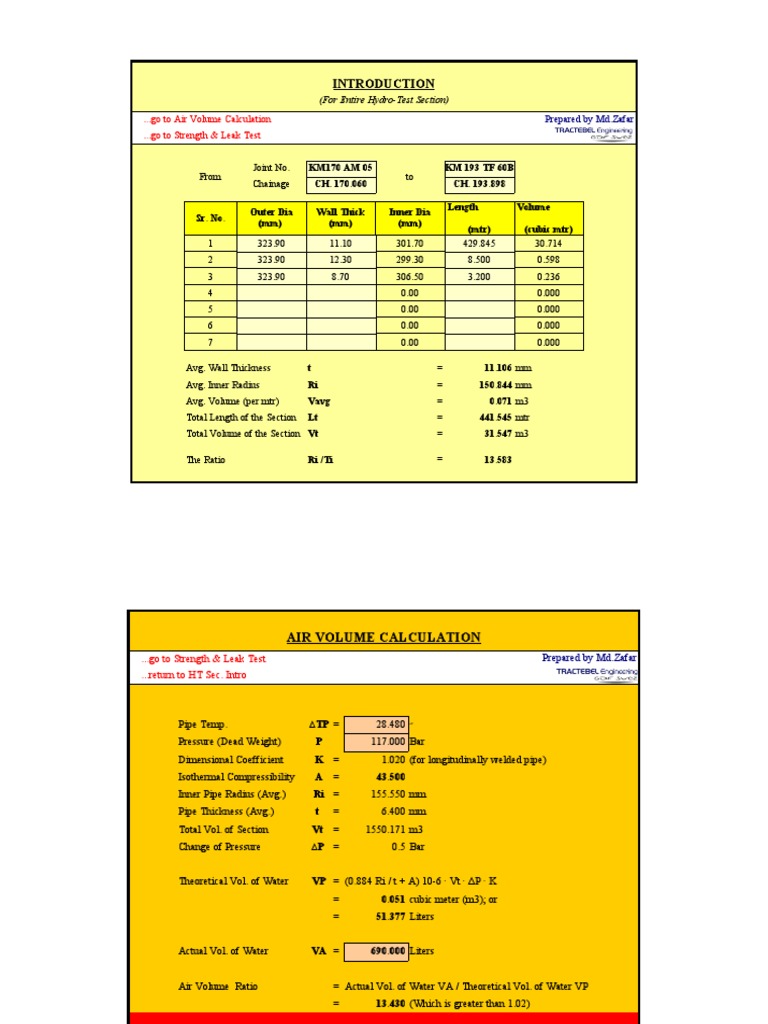 Hydro-Test Calculation Excell | PDF | Pipe (Fluid Conveyance) | Volume