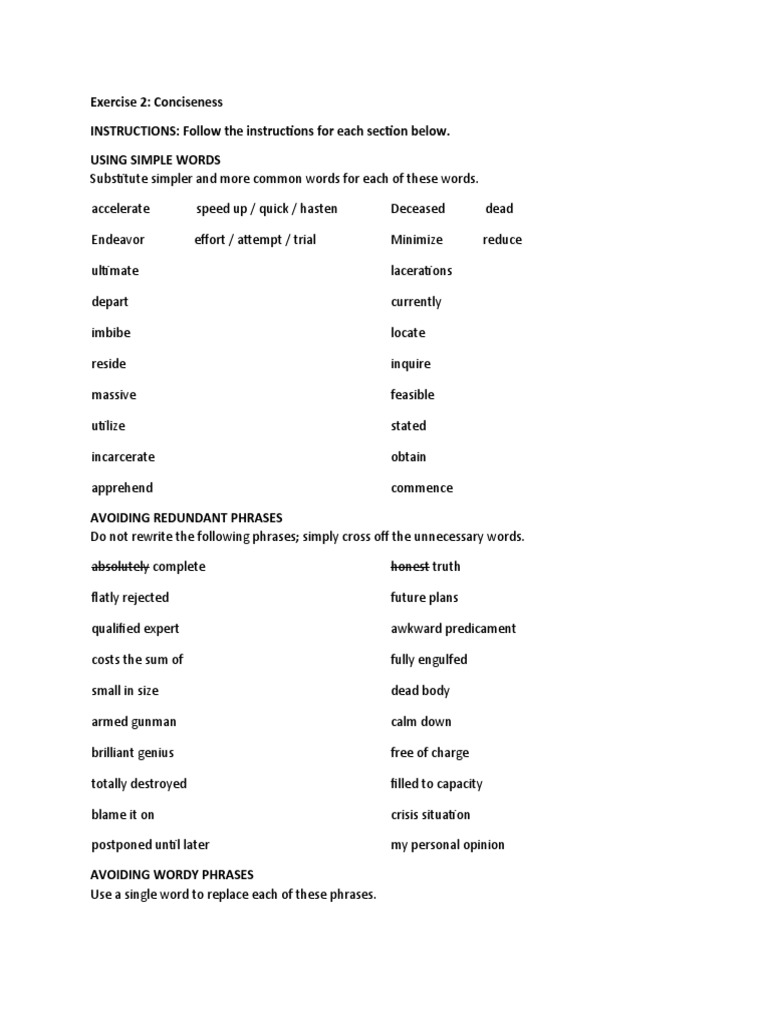 Exercise 2: Conciseness INSTRUCTIONS: Follow The Instructions For Each ...